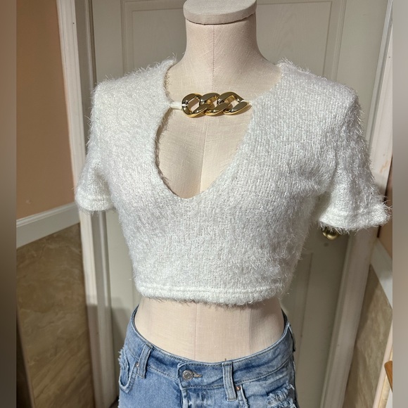 SHEIN | Tops | Fuzzy Cropped White Top Wgold Detail | Poshmark